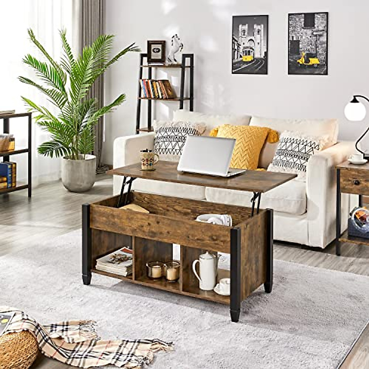 Yaheetech Lift Top Coffee Table with Hidden Compartment & Shelf, Lift Tabletop Dining/Center Table for Living Room Reception, Rustic Brown, 41inch L