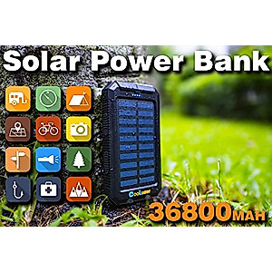 Solar Charger Power Bank 36800mah with 18W PD 5V*3.1A Fast Charging, QC3.0 Portable Charger Solar Power Bank,IP67 Waterproof Camping Gear Accessory for Outdoor (Black)