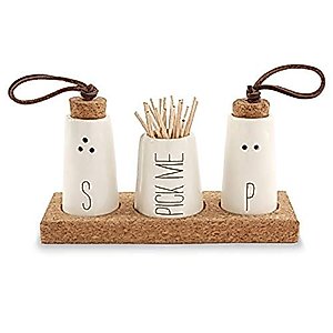 Mud Pie, Off-White Salt, Pepper & Toothpick Holder, Size: tray 2" x 6" | shakers 2 3/4" x 1 1/2" dia