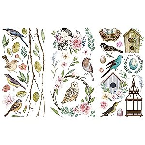 GLOBLELAND 3 Sheets Spring Bird Transfer Stickers Birdcage Rub on Decor Transfers Sticker Decals for Cabinet Wood Door DIY Craft