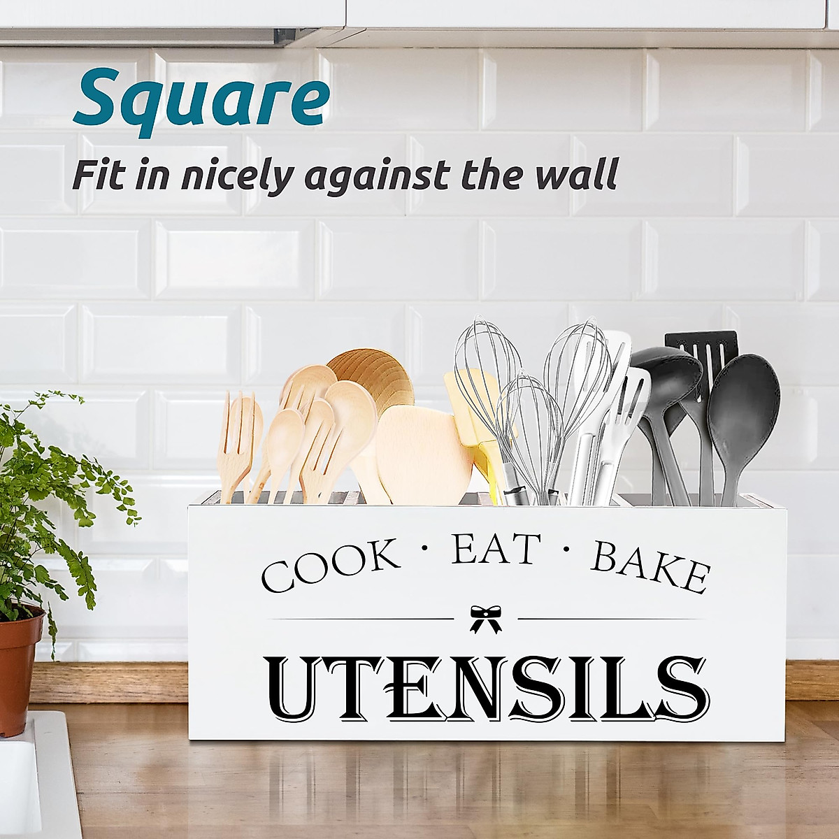 Suli Extra Large Kitchen Utensils Holder with 4 Compartments, Wooden Utensil Organizer for Kitchen Countertop, Farmhouse Kitchen Decor, Rustic Cooking Utensil - White