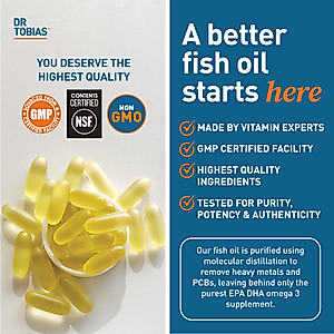 Dr. Tobias Omega 3 Fish Oil, 2000mg Triple Strength Omega 3 Supplement with 800mg EPA 600mg DHA Per Serving, Fish Oil Omega 3 Supplements for Heart, Brain & Immune Support, 60 Softgels, 30 Servings