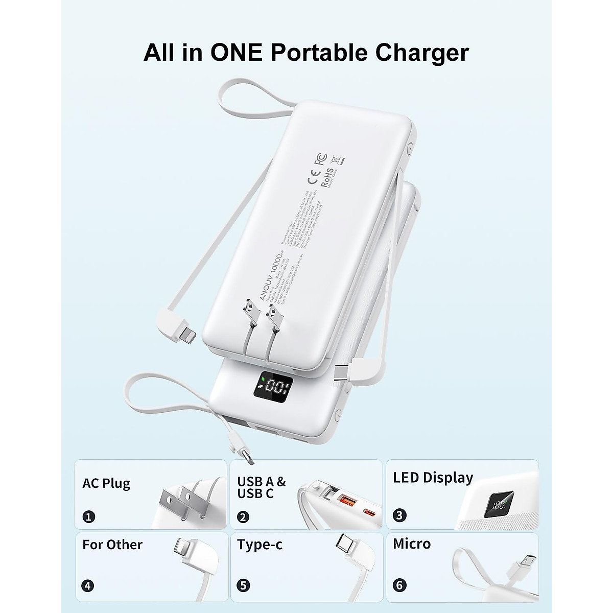 ANOUV 2-Pack Portable Charger with Built-in Cables&AC Wall Plug,10000mAh Power Bank,PD 22.5W USB-C Fast Charging External Battery Pack with LED Display for iPhone 16/15/14 iPad Samsung S22 S21 Galaxy