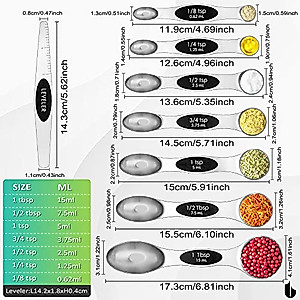 Urbanstrive Magnetic Measuring Spoons Set Stainless Steel, Dual Sided for Liquid Dry Food, Measuring Cups Spoons Set Fits in Spice Jar, Kitchen Gadgets, Cooking Utensils Set, Including Leveler, Silver