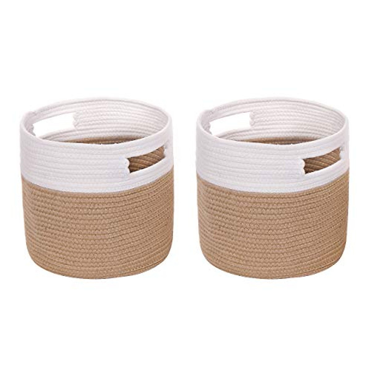 ZFRXZ Cotton Rope Storage Baskets with Handles Set of 2, Laundry Basket Hamper for Baby Toys Blankets, Decorative Woven Plants Basket, Cube Bins Containers Organizers 11"x11" (White-Jute)
