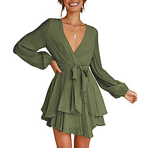 Cosonsen Womens Short Dresses Deep V-Neck Long Sleeve Flare Hem Mini Dress Green XL