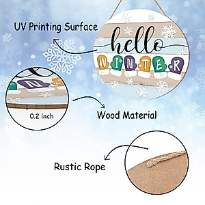 CHDITB Hello Welcome Winter Door Sign Decoration(12"x12"), Round Colourful New Year Wall Hanging Decor with Snowflake Gloves Mitten, Rustic Christmas Holiday Door Hanger for Front Porch Farmhouse