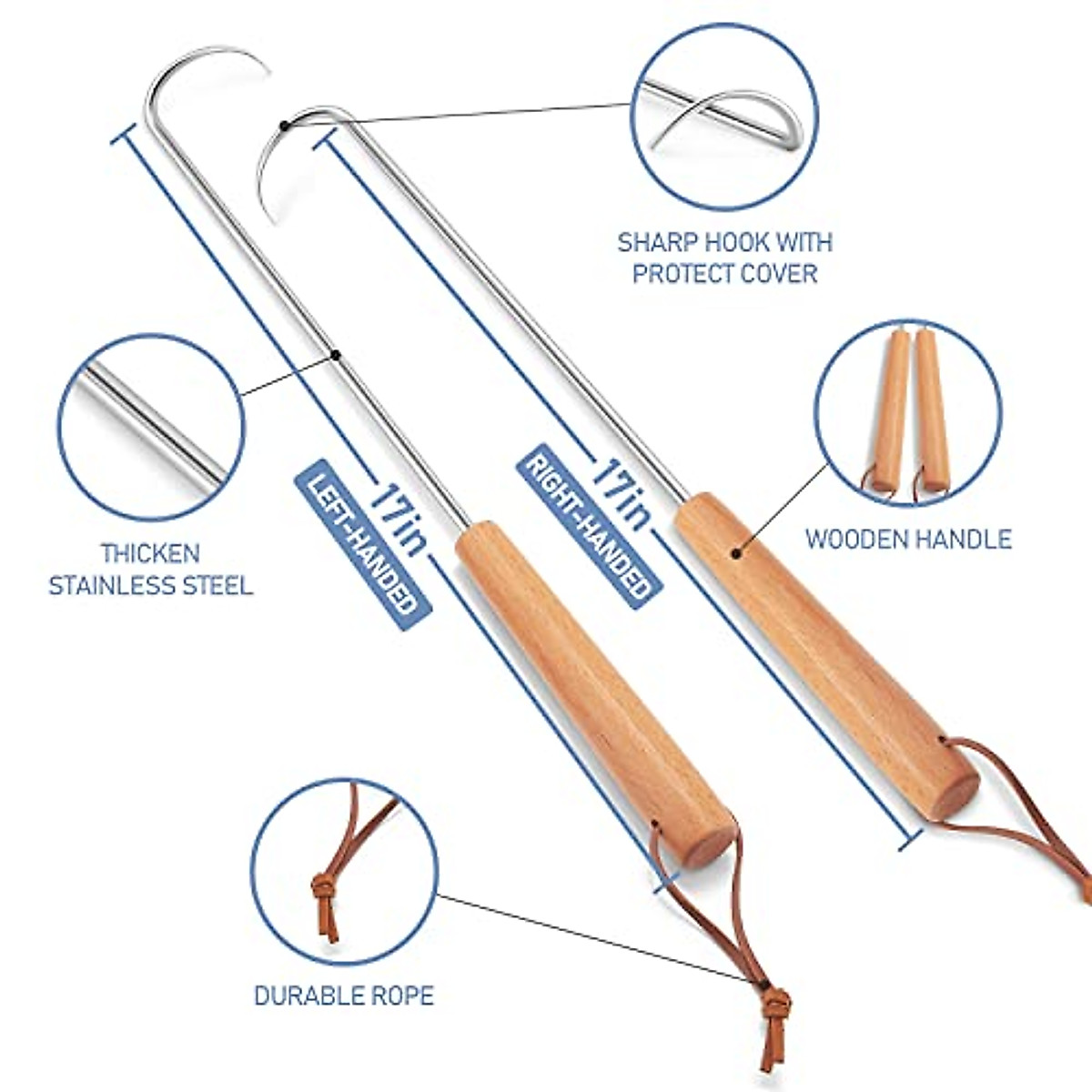 Pigtail Food Flipper 2Pcs, HaSteeL 17Inch Meat Turner Hook, Stainless Steel Pig Tail Flipper Hook With Wooden Handle, Grill Accessories for BBQ Grilling Griddle Kitchen Cooking - Left & Right Handed