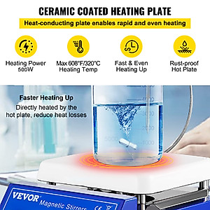 VEVOR Magnetic Stirrer Hot Plate, 5000ml Capacity 320°C/608°F Max Temp Ceramic Coated Lab Stirrer 200-2000RPM Digital Magnetic Stirrer with Support Stand, Temp Probe Sensor and Stirring Bar