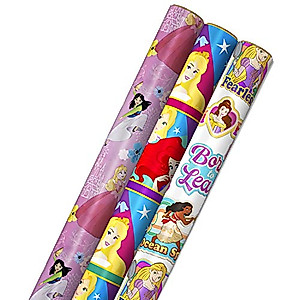 Hallmark Disney Princess Wrapping Paper with Cut Lines (Pack of 3, 60 sq. ft. ttl.) with Cinderella, Ariel, Mulan, Jasmine, Snow White and Belle for Birthdays, Christmas or Any Occasion