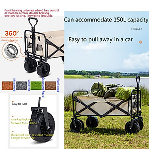 Collapsible Folding Wagon with 150L Capacity, Heavy Duty Foldable Utility Garden Cart with Big All-Terrain Beach Wheelsand Drink Holders.White