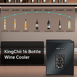 KingChii 16 Bottle Wine Cooler, Freestanding Wine Fridge with Glass Door, Adjustable Shelves & Digital Temperature Display Wine Refrigerator for Red, White, Champagne - Perfect for Home, Kitchen, Bar