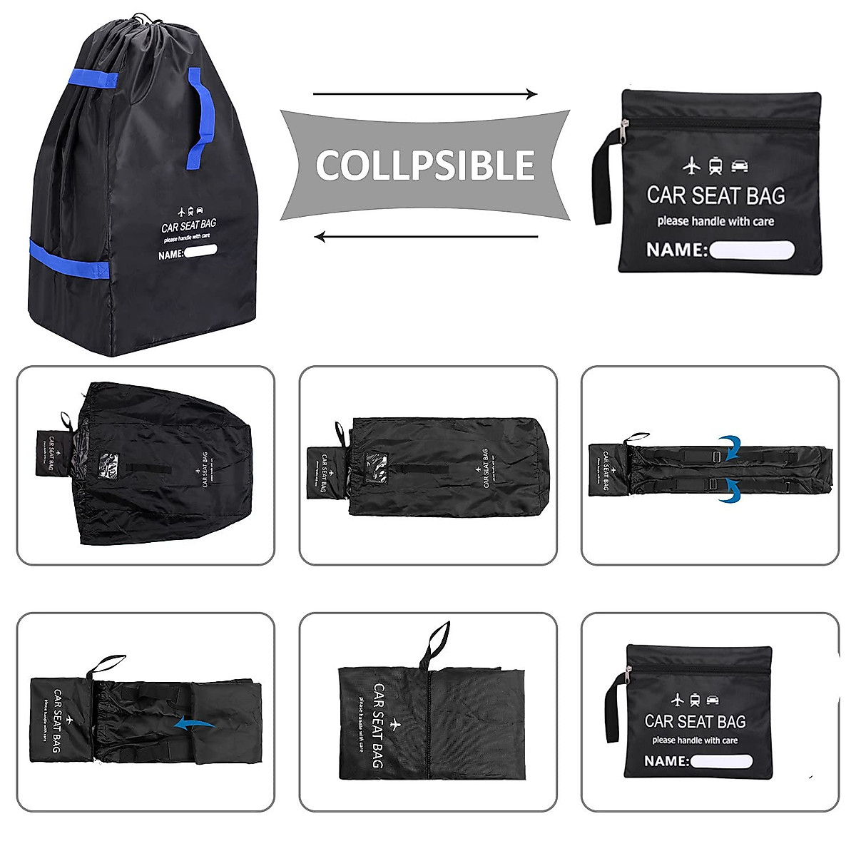 RAIFUJOIE Car Seat Bag Universal Fit Travel Bag Gate Check Bag with Adjustable Contrast Blue Back Straps with Padding Collapsible and Self Organizer Case Pocket