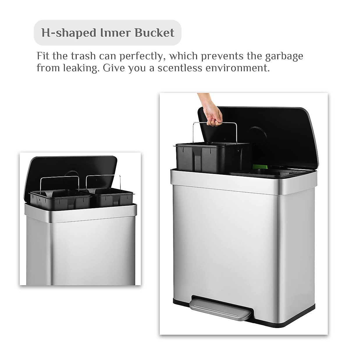 Arlopu 16 Gallon Stainless Steel Trash Can, 60L Kitchen Classified Recycle Garbage Can, Dual Compartment Dustbin with Removable Inner Buckets, Step-on, Soft-Close Lid, for Home Office, Silver