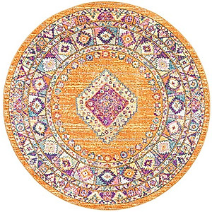 SAFAVIEH Madison Collection 6'7" Round Orange / Fuchsia MAD133D Boho Chic Medallion Non-Shedding Dining Room Entryway Foyer Living Room Bedroom Area Rug