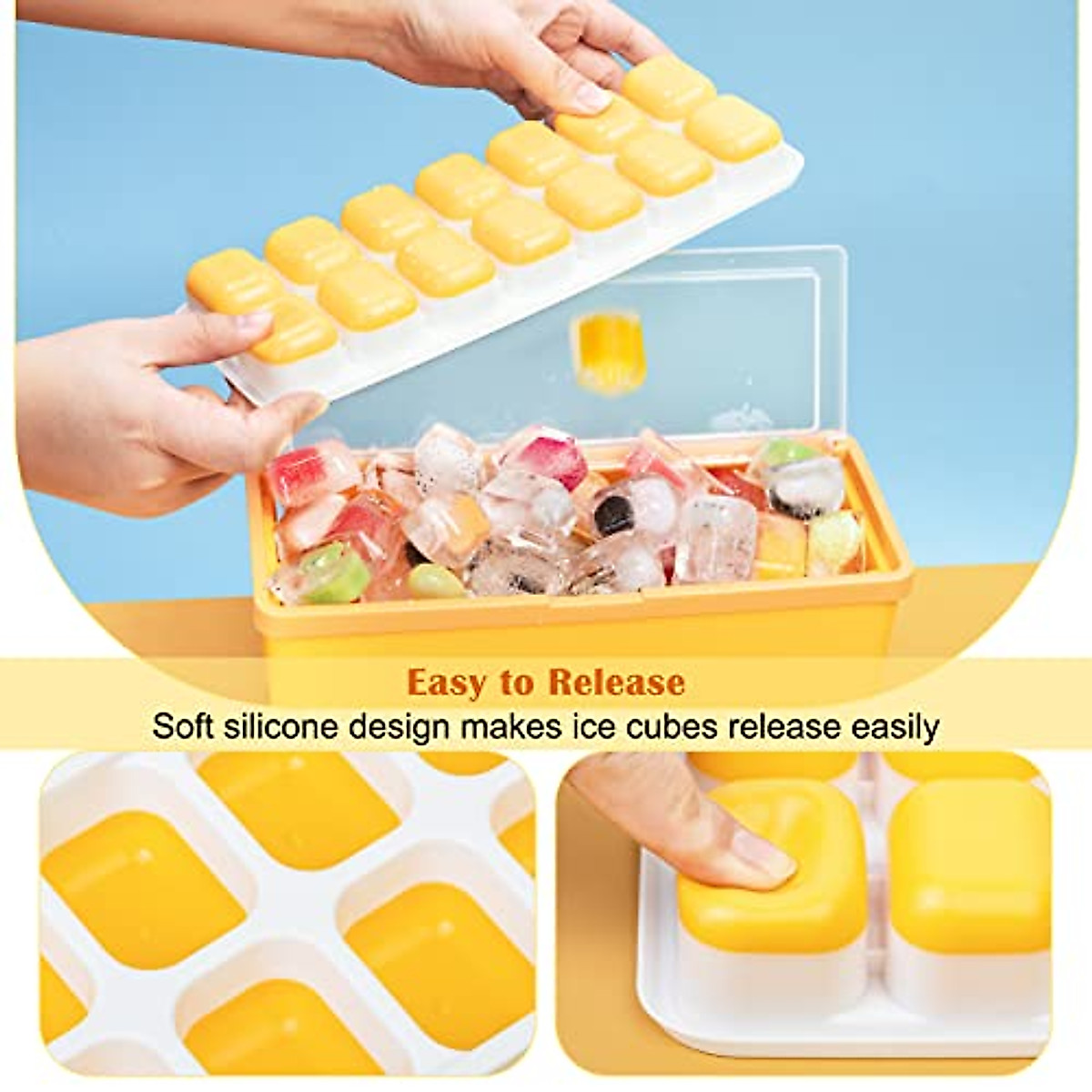 Korlon Silicone Ice Cube Tray with Lid and Bin, Ice Trays for Freezer with Lid Scoop Pull-out Design Easy to Release Ice Cube Trays for Whiskey Cocktails Cool Drinks, 42 Ice Cubes Total