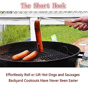 LQLMCOS 2Pcs Food Flipper Turner Hooks Stainless Steel BBQ Meat Hooks Cooking Barbecue Turners Hooks Grill Accessories with Wooden Handle for Grilling & Smoking (17.5 in+12.5 in)