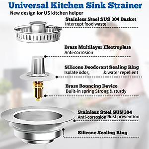3 in 1 Kitchen Sink Drain Strainer Stopper, Brushed Stainless Steel SUS 304 Pop Up Sink Drain Stopper for Standard 3-1/2 Inch Drain Anti-Clogging Odor Prevention