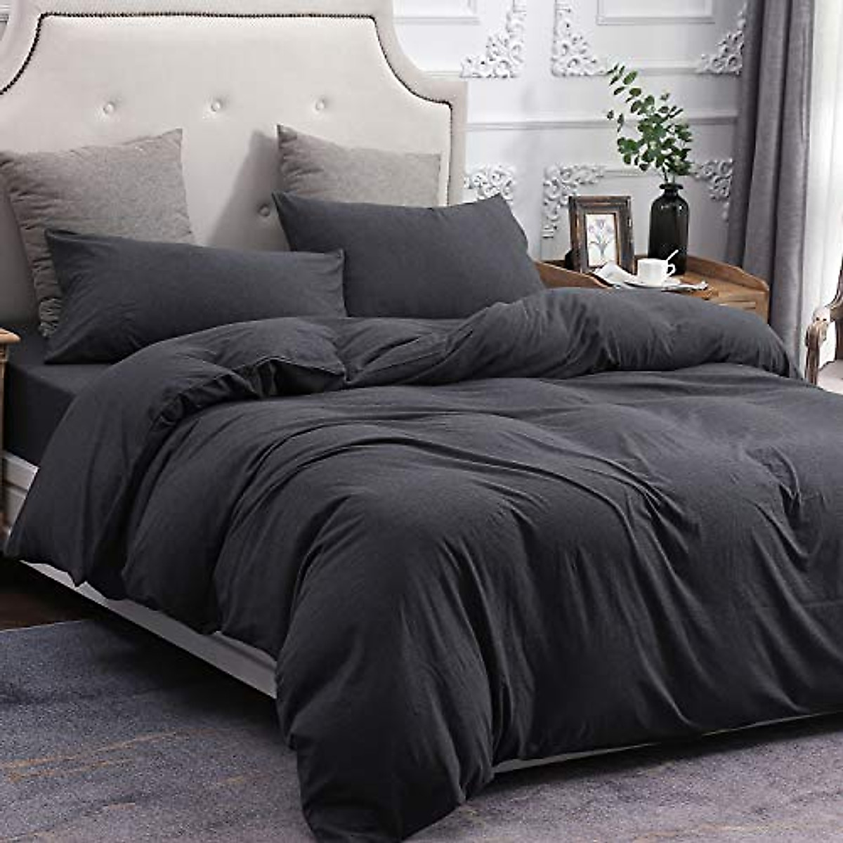 PURE ERA Jersey Knit Duvet Cover Set 100% T-Shirt Cotton Super Soft Comfy 3pc Bedding Set with Zipper Closure (Heather Charcoal Grey, Queen)