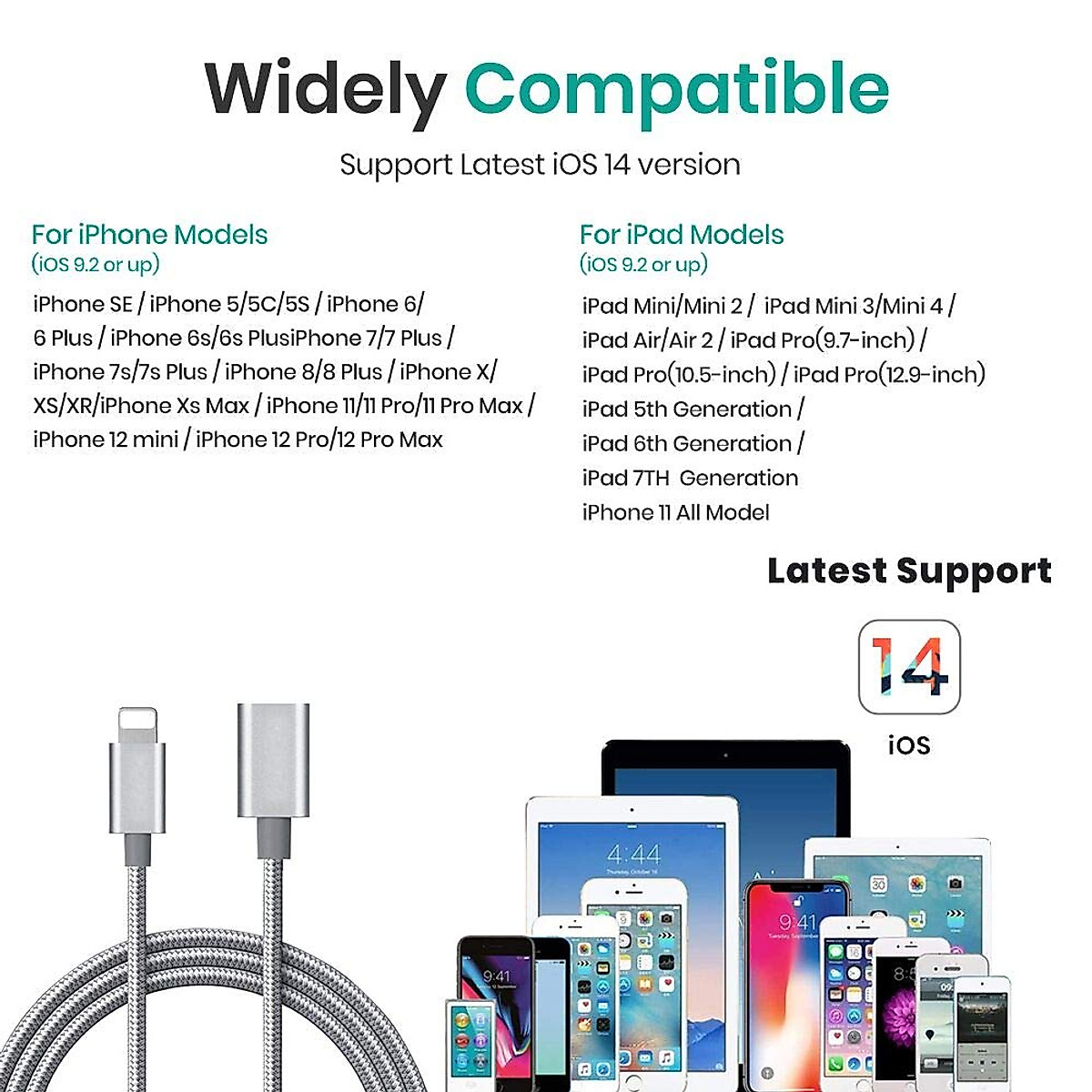 MeloAudio 6.6FT Braid Extension Cord Cable Charging Sync Video & Audio Compatible with iOS Devices (Phone/Pad/Pod), Male to Female Dock Cable Extender Connector Case Adapter (Gray)