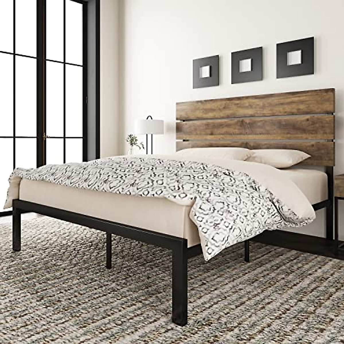 Allewie Queen Size Platform Bed Frame with Wooden headboard and Metal Slats/Rustic Country Style Mattress Foundation/Box Spring Optional/Strong Metal Slats Support/Easy Assembly/Light Brown