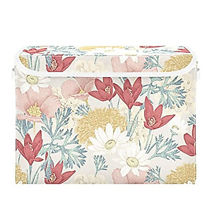 Kigai Vintage Wild Flowers Storage Basket with Lid Collapsible Storage Bin Fabric Box Closet Organizer for Home Bedroom Office 1 Pack