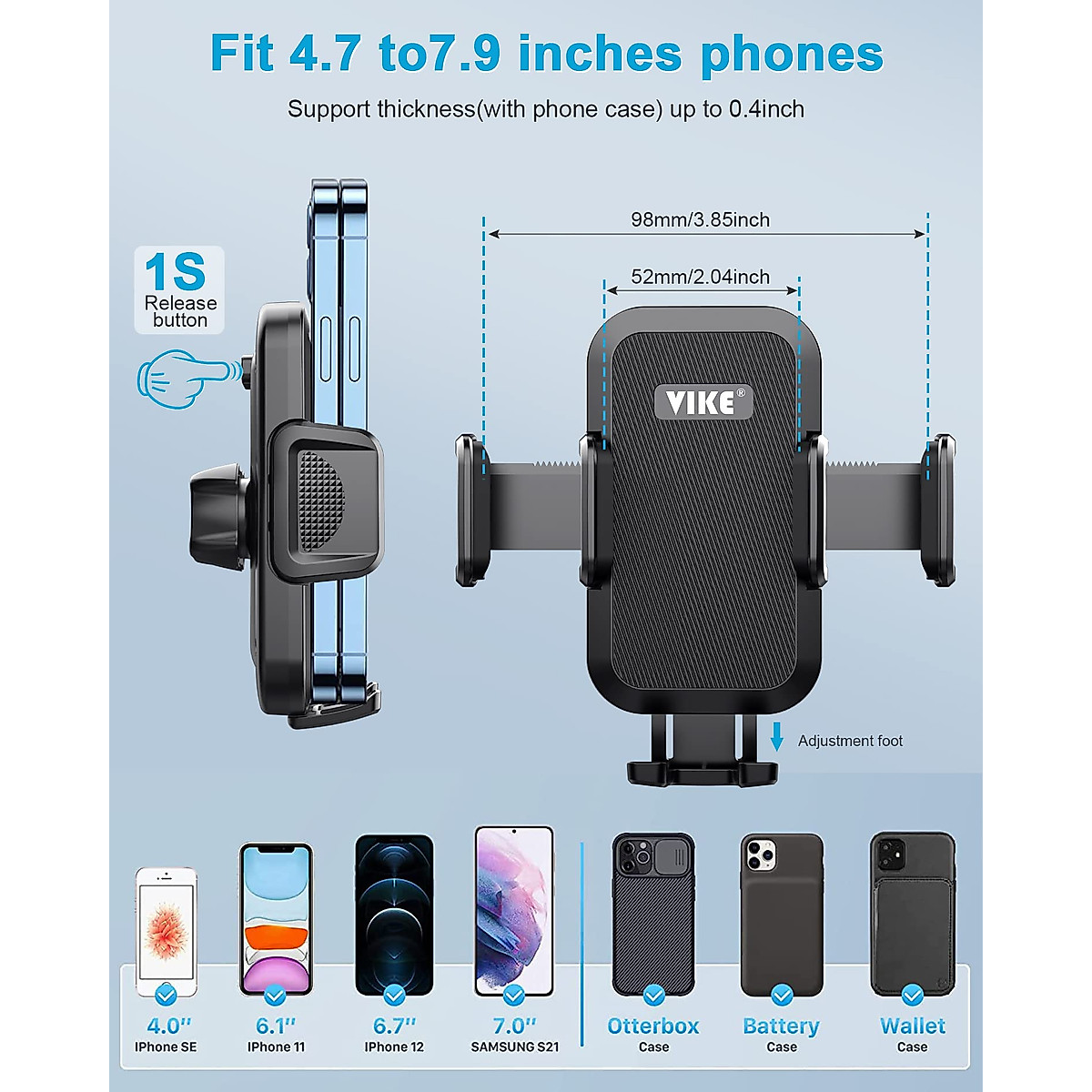VIKE 2023 Upgraded Car Phone Holder Mount - [ Bumpy Roads Friendly ] Phone Mount for Car Dashboard Windshield Air Vent 3 in 1, Hand Free Mount for iPhone 14 13 12 Pro Max All Cell Phones