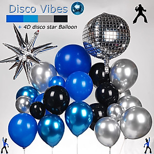 Blue and Black Silver Balloon garland kit 140pcs Royal blue and silver starburst Disco ball balloons for men 30th Birthday Party graduation 80s 90s Disco theme Decorations