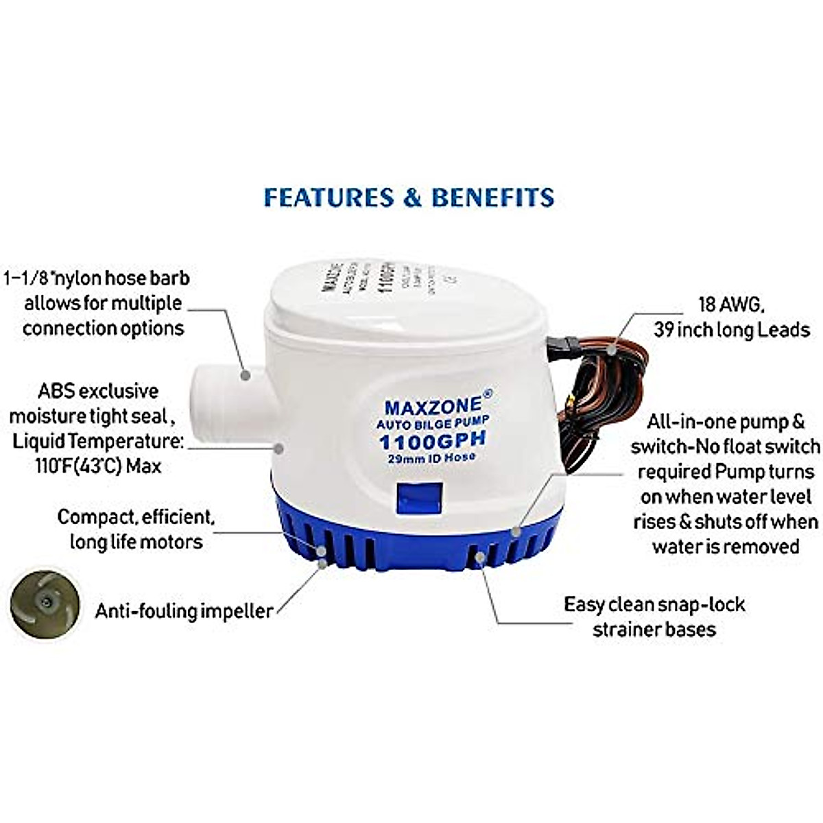 MAXZONE Automatic Submersible Boat Bilge Water Pump 12v 1100gph Auto with Float Switch (Blue - Automatic)