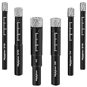 Mgtgao 6pc Black Dry Diamond Drill Bits Set for Granite Ceramic Marble Tile Stone Glass Hard Materials (not for Wood), Round Shank 3/16”, 1/4”, 5/16”, 3/8”, 1/2 ” with Storage Case