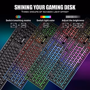 RedThunder K10 Wireless Gaming Keyboard and Mouse Combo, LED Backlit Rechargeable 3800mAh Battery, Mechanical Feel Anti-ghosting Keyboard + 7D 3200DPI Mice for PC Gamer (Black)