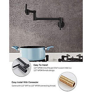 PHASAT Pot Filler Faucet,Black Pot Filler Wall Mount,Brass Kitchen Faucet Folding Stretchable with Double Joint Swing Arm,2 Handles with 2 Cartridges,Single Hole,Matte Black,PTZH01C