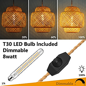 YIIZON Plug in Pendant Light Hanging Lamp with Handmade Bamboo Lampshade Dimmer Switch Boho Modern Rustic Country Natural Basket Hanging Light with Plug in Cord