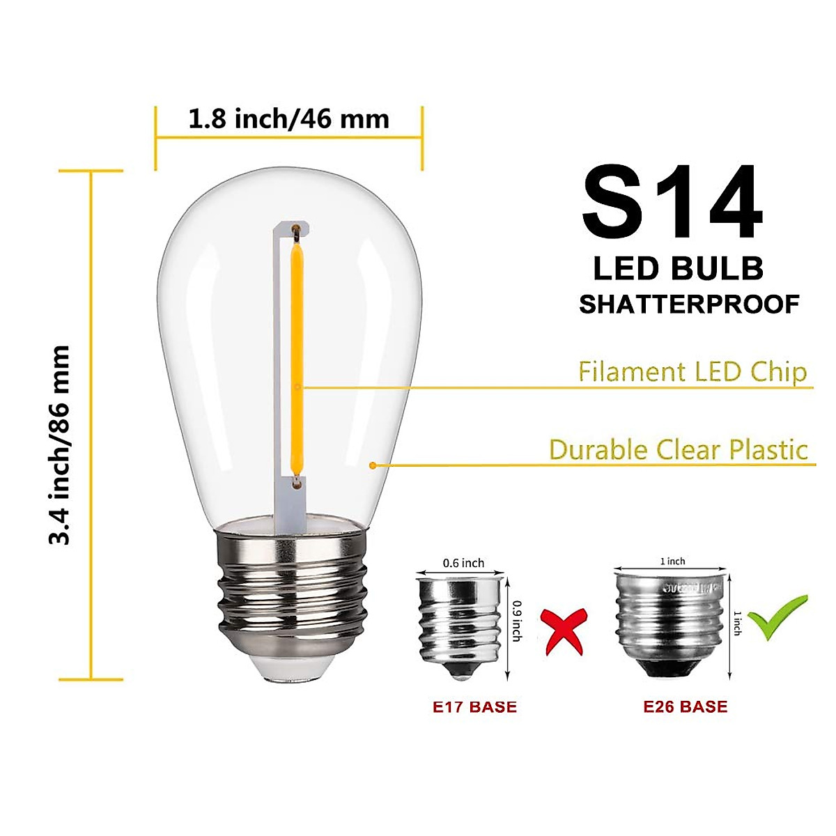 EMITTING 15 Pack Shatterproof S14 Replacement Light Bulbs –1W S14 LED Bulbs, Warm White 2200K, Outdoor String Lights Vintage LED Light Bulbs, E26 Base Edison Plastic Bulbs.