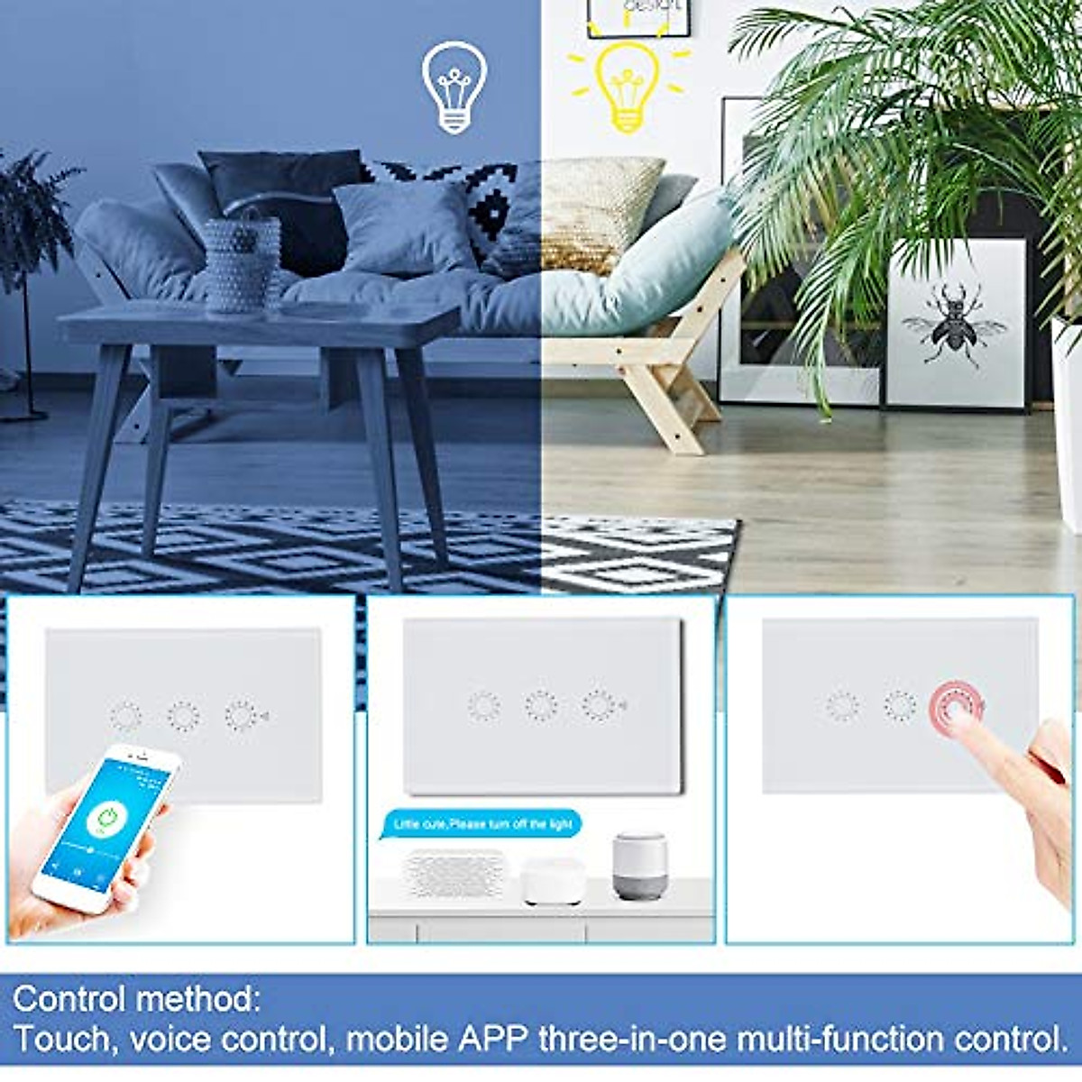 WiFi Smart Touch Panel Light Switch, Smart Switch Support Voice Control Phone APP Control Touch Control with Timing Function for Smart Home(White)