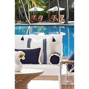 Hofdeco Premium Coastal Hampton Style Patio Outdoor Performance Lumbar Pillow Cover Only, 12"x20" Water Repellent for Backyard, Couch, Dark Navy Blue Solid with Fringe