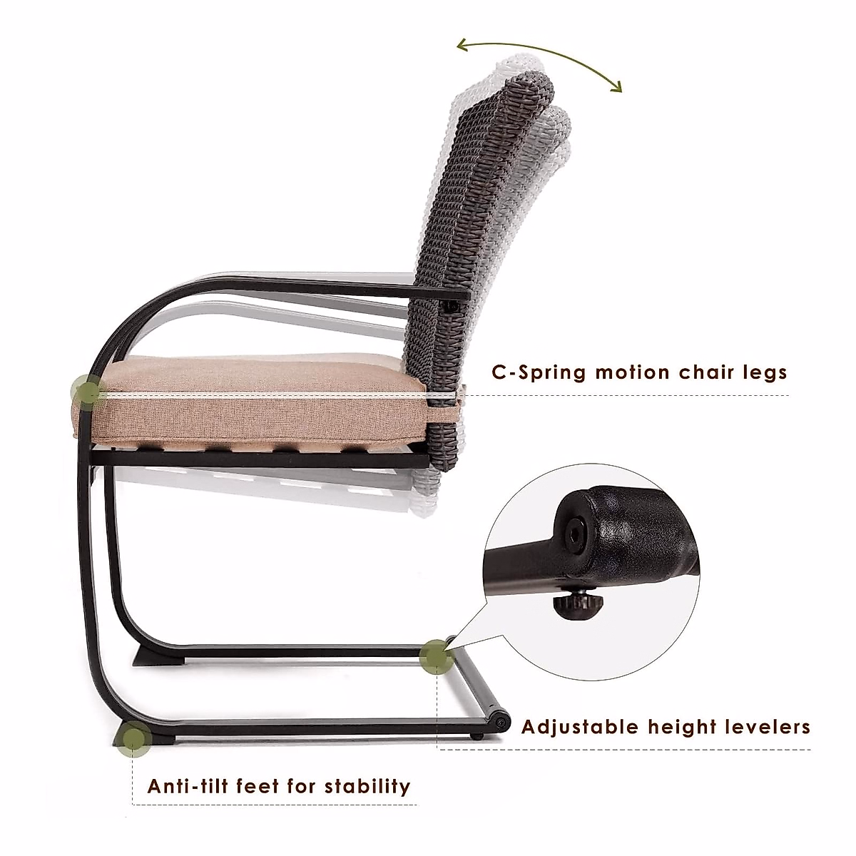 Grand patio Dining Wicker Chair Outdoor Conversation Set with Cushions 2-Piece, C-Spring Rocker Lounge Chair Set of 2 Steel Frame for Yard, Garden, Backyard, Deck, Bistro-Beige