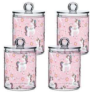 SDMKA 2 Pack Apothecary Jars Bathroom White Unicorn Pink Qtip Holder Dispenser Clear Plastic Storage Canister Jar with Lid for Cotton Ball, Cotton Swab