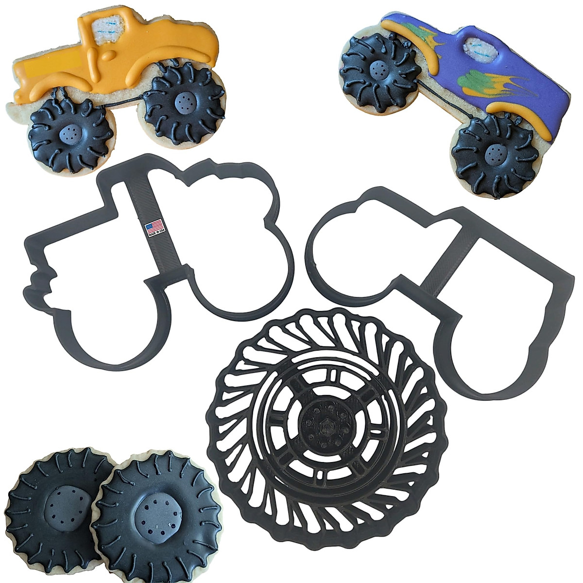 MONSTER TRUCK COOKIE CUTTERS Monster Truck Overland And Off Road Four Wheel Drive (4WD) With Big Oversized Large Wheel Tire Cookie Cutters Made In The USA (3 Pack)