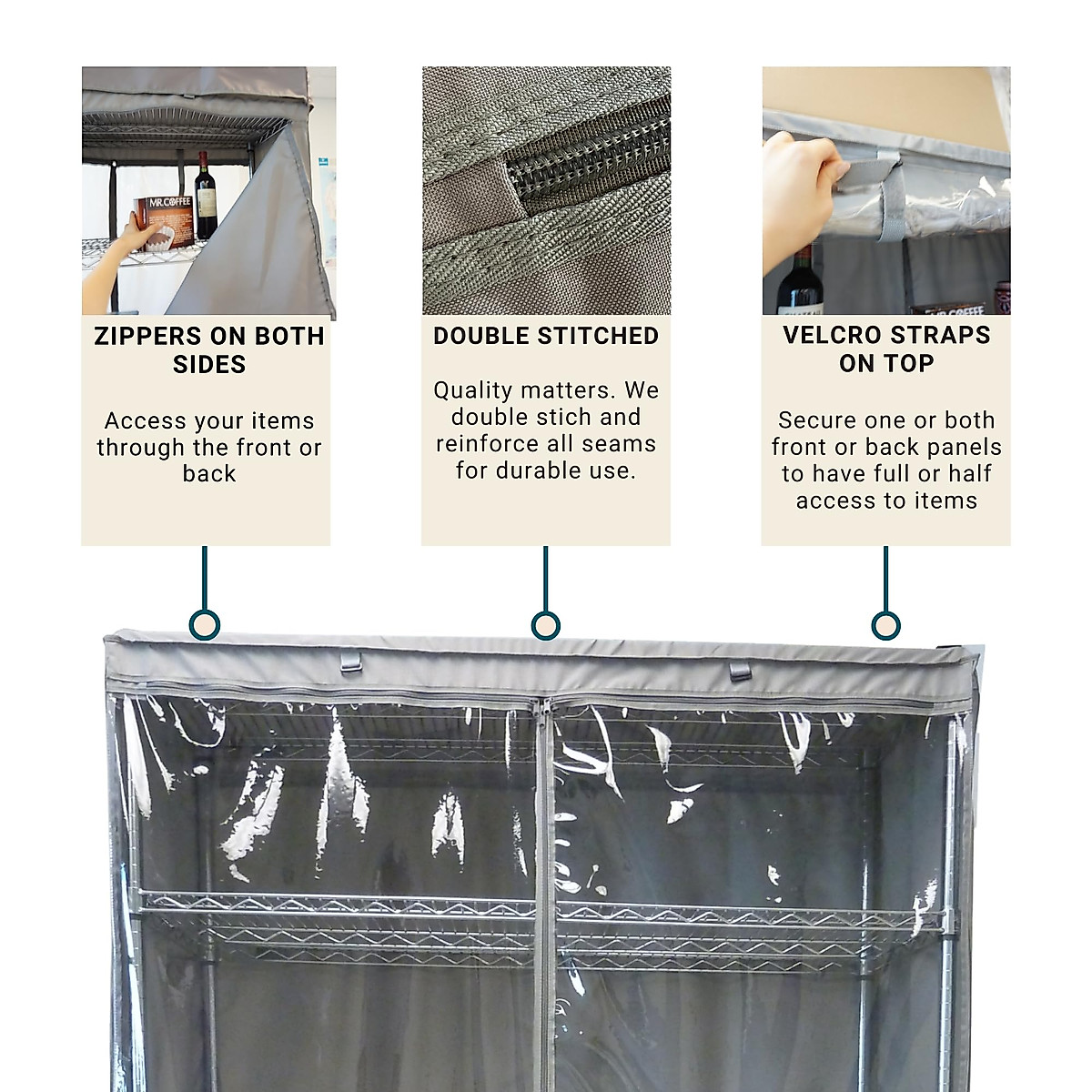 Formosa Covers Premium Clear Front Wire Shelf Cover Grey - Heavy-Duty Storage Solution for Wire Rack Cover (30”Wx14”Dx60”H) - Waterproof PVC, Water/Dust Resistant Fabric, Multi Zipper (Cover Only)