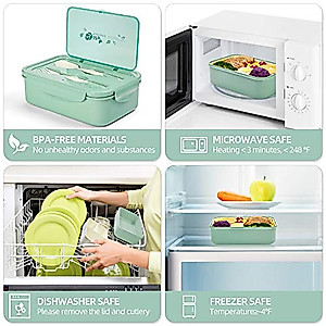 Porzu Bento Lunch Box, 1400 ML Lunch Box Meal PrepFor Kids & Adults，3 Compartments Portable Food Container with Utensil (Green)