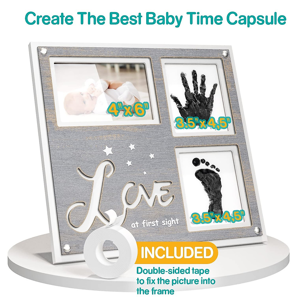1Dino Premium Baby Handprint and Footprint Kit - 12.6” x 12.2" White/Grey Wood Baby Picture Frame - Includes 2X Clean Touch Ink Pad for Baby Hand and Footprints - Baby Registry, Baby Shower Gifts