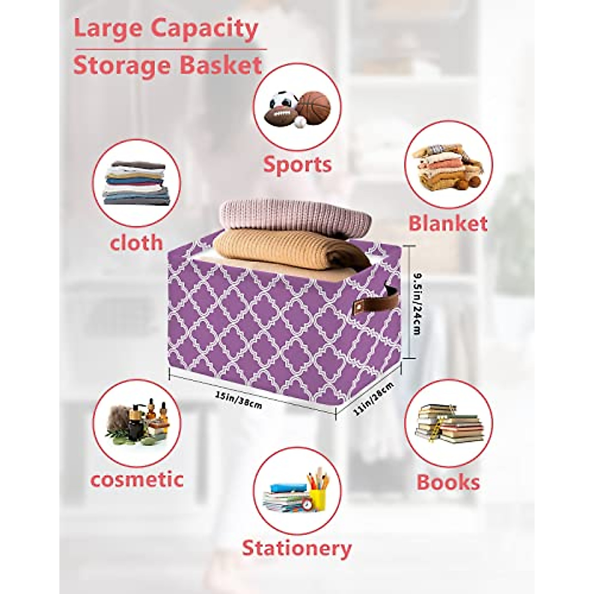 Storage Basket,Geometric Art Moroccan Check Collapsible Storage Bin with Handles Waterproof Foldable Cube Bins Purple Large Organizer Baskets for Shelves Closet Nursery