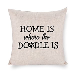 Funny Quote Decorative Throw Pillow Cover Home is Where The Doodle is Paw Decorative Throw Pillow Case Cushion Cover Square Cotton Linen Pillowcase Gifts for Dog Lover Home 18X18 Inches