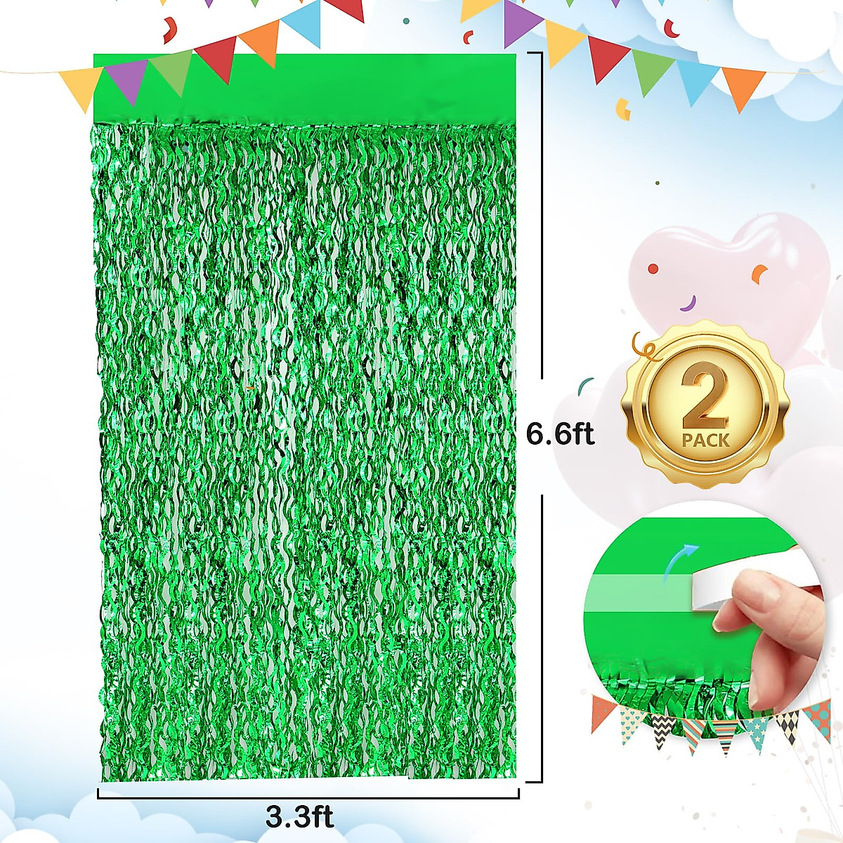 Green Fringe Curtain Party Streamers 2Pack 3.3x6.6 Ft Foil Fringe Backdrop Curtains for Birthday Wedding Bridal Baby Shower Holiday Tinsel Streamers Green Party Christmas Decorations Door Streamers