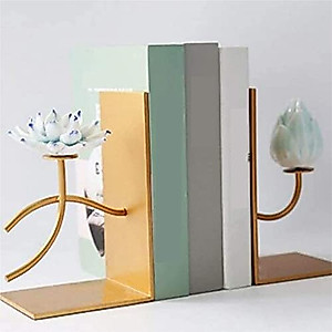 Book Ends Bookend Holder Ceramic Lotus Bookends Metal Base Book Ends Office Desktop Book Stoppers Creativity Book Stopper for Shelves Bookshelf
