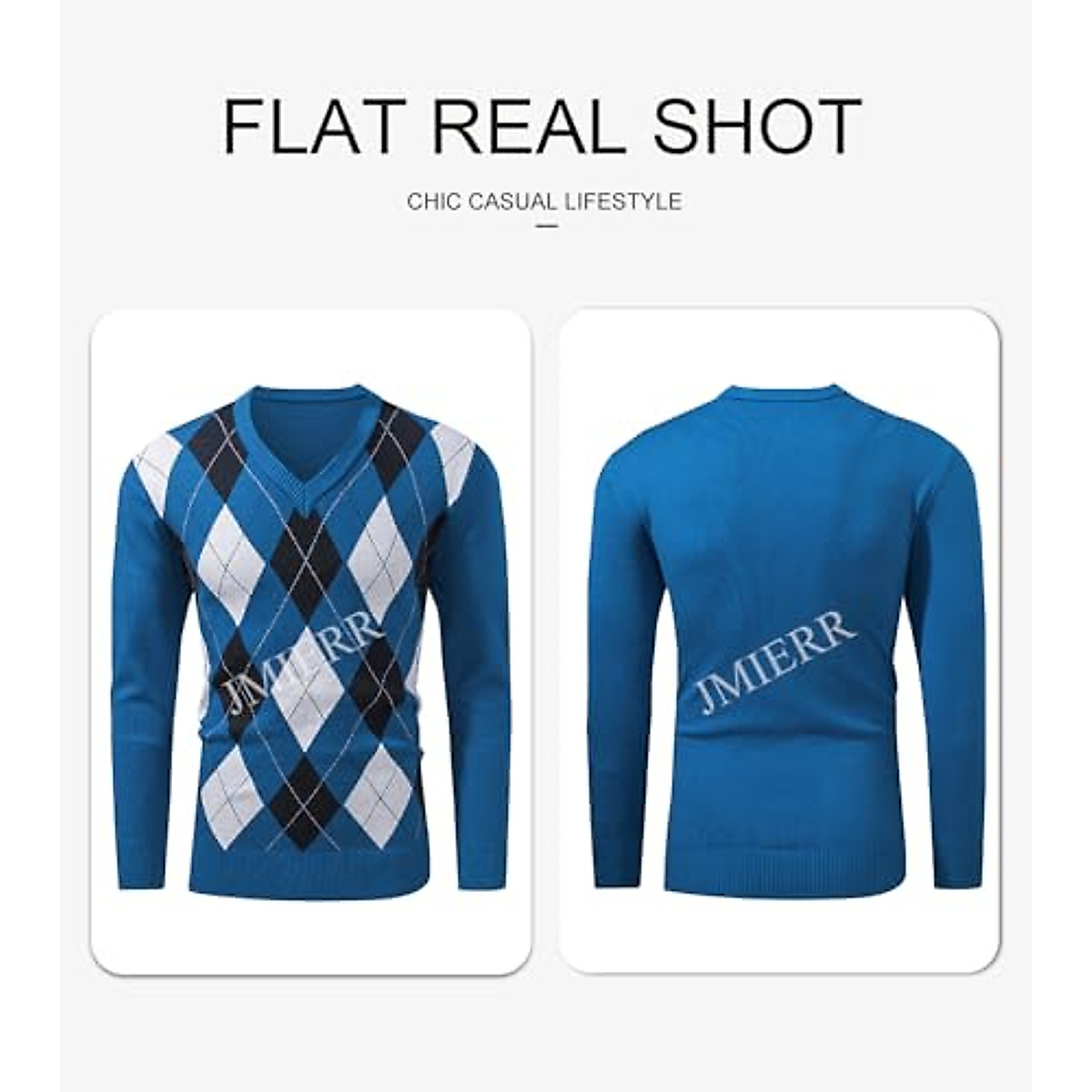 JMIERR Mens Pullover Knitted V Neck Long Sleeve Argyle Sweater, US 43(L), Sky Blue