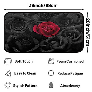 KOBLEN Red Black Rose Kitchen Rugs Non Slip Washable Absorbent Kitchen Mats 20x39 inch Cushioned Anti Fatigue Kitchen Floor Mats for in Front of Sink
