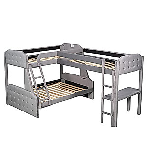 Demofit Bunk Bed and Twin Size Loft Bed and Desk, L-Shaped Twin Over Full Size Bed Frame with Ladder nd Full-Length Guardrail for Bedroom,No Boxspring Required (Grey)