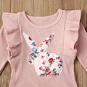 Newborn Infant Baby Girls Easter Outfits Bunny Long Sleeve Knitted Romper Bodysuit Floral Pants with Headband 3Pcs Clothes Set (Shrimp Pink, 0-6 Months)